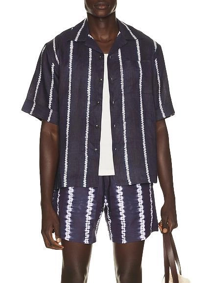 Commas Shibori Stripe Cuffed Camp Collar Shirt - Navy