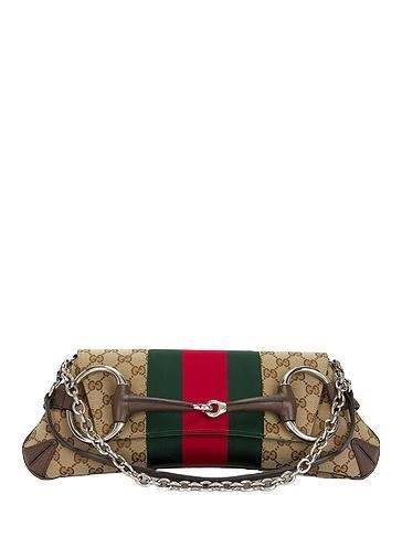 Gucci Horsebit Clutch In Gg Canvas And Calfskin Leather - Brown