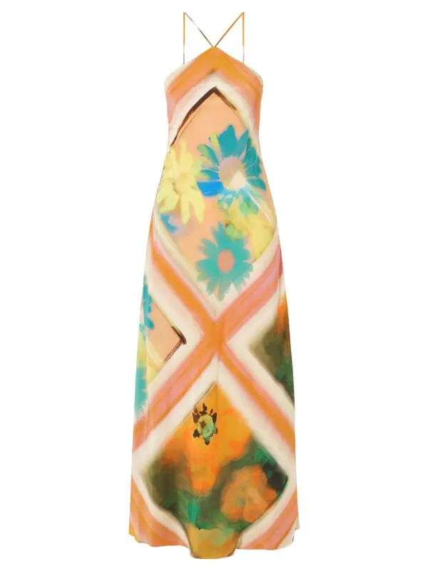 Staud Cubism" Floral Print Satin Maxi Dress - Multi