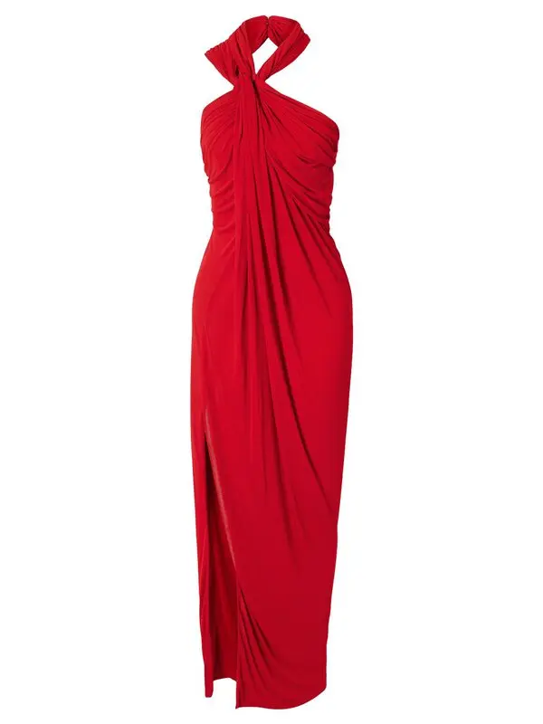 Balmain Draped Halterneck Jersey Maxi Dress - Red