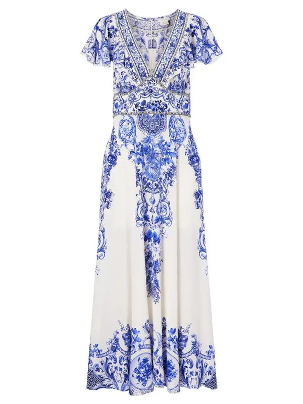 Camilla Embellished Printed Silk-crepe Midi Dress - Blue