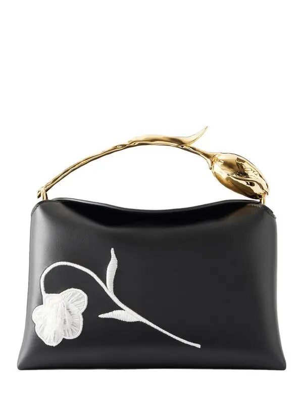 Erdem Floral-embroidered Leather Clutch With Sculptural Handle - Black
