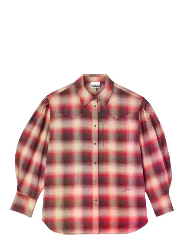 GANNI Checked Puff-sleeve Shirt - Red