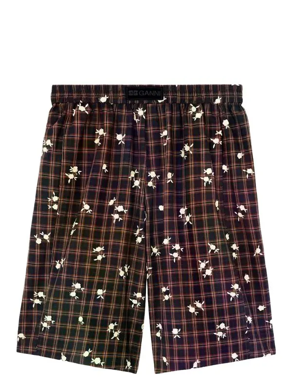 GANNI Checked Floral Print Shorts - Brown