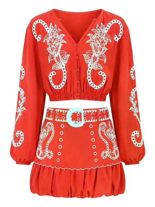 Farm Rio Embroidered Cropped Blouse - Red