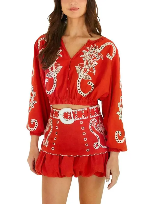 Farm Rio Richelieu Embroidered Cropped Blouse - Red
