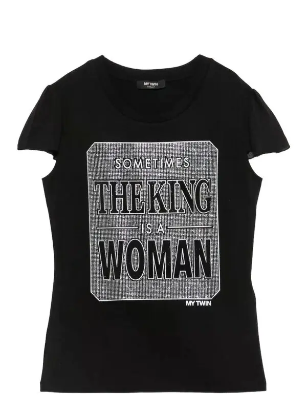 MY TWIN Slogan Print Flutter-sleeve Cotton T-shirt - Black