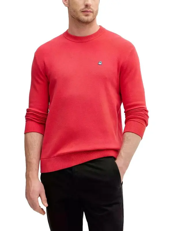 BENETTON Logo Embroidered Ribbed Trim Sweater - Red