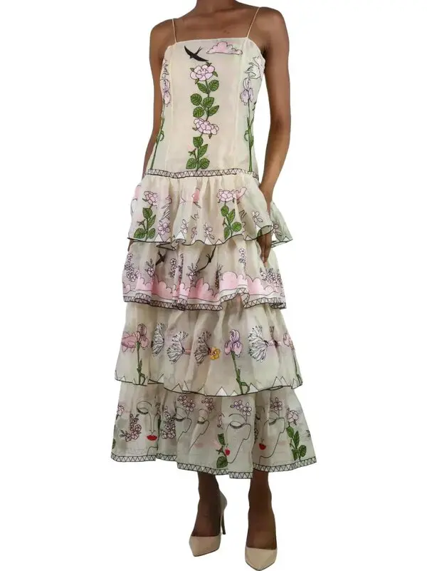 Vivetta Floral Embroidered Tiered Midi Dress - Neutrals