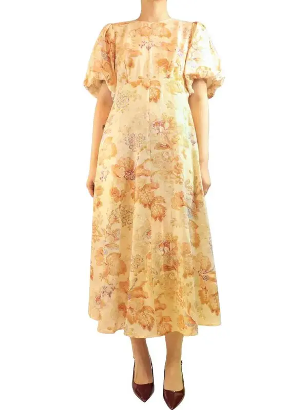 ALEMAIS Floral Print Puff Sleeve Midi Dress - Neutrals