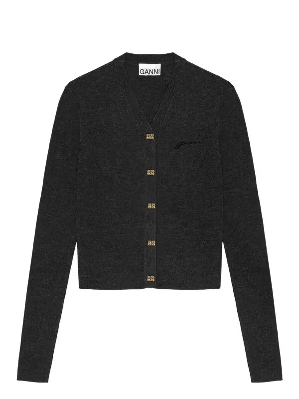 GANNI Logo-embroidered V-neck Cardigan - Grey
