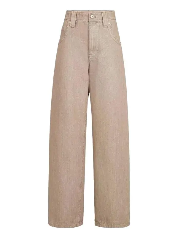 Brunello Cucinelli Beige Lamé-denim Baggy Trousers With Monili - Neutrals