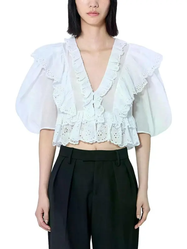 Chloé Cropped Ruffled Cotton Blouse - White