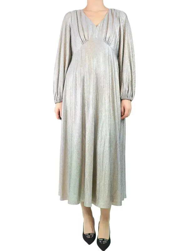 WYse Crinkle Metallic V-neck Long Sleeve Dress - Silver