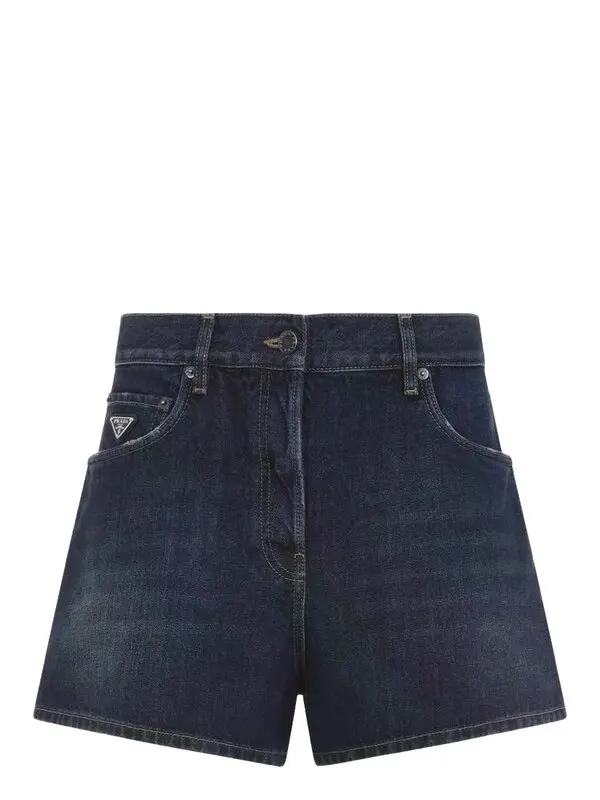 Prada Logo Plaque Denim Shorts - Blue