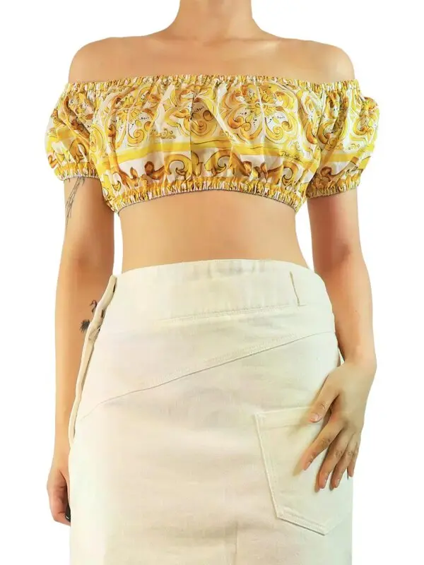 Dolce & Gabbana Off-shoulder Maiolica Print Cropped Top - Yellow