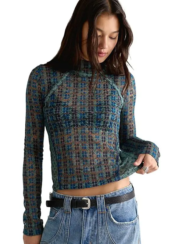 Free People Lyric Sheer Lace Long Sleeve Turtleneck Top - Navy Combo