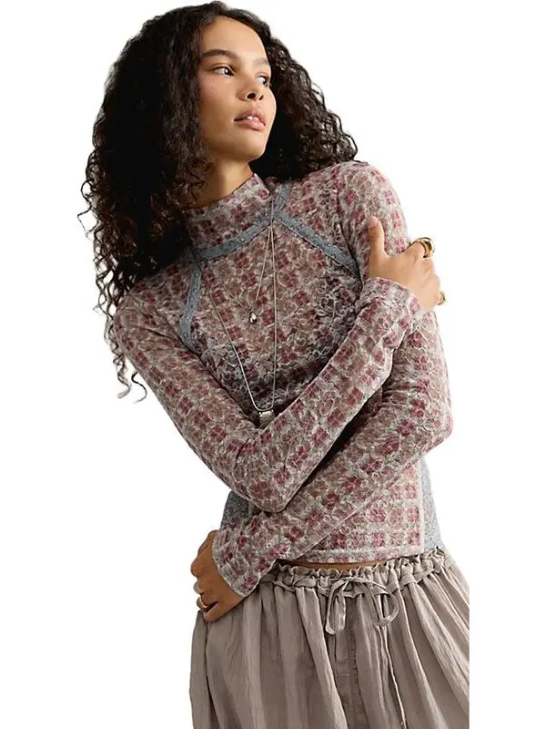 Free People Lyric Sheer Lace Long Sleeve Turtleneck Top - Tea Combo