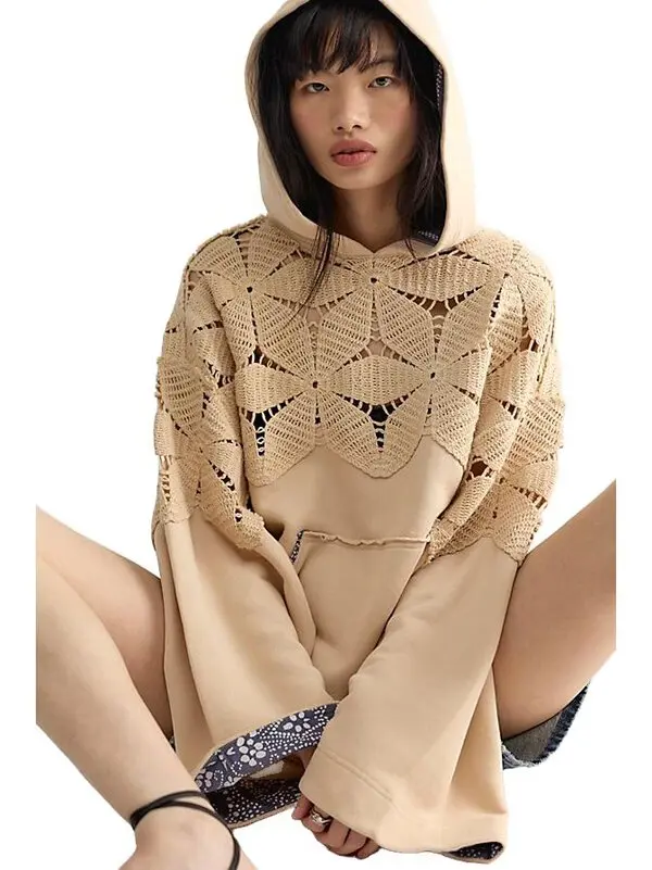 Free People Maia Poncho Jacket With Crochet And Bell Sleeves - Tapioca