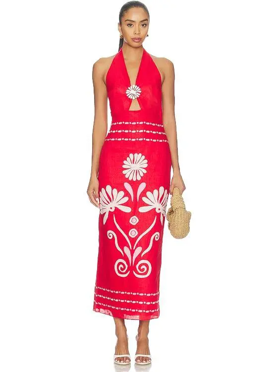CALA DE LA CRUZ Halterneck Dress With Floral Embroidery - Red