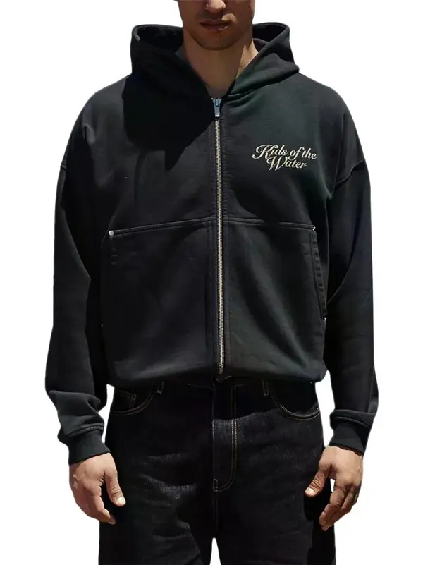 ROUGH. Embellished Graphic Print Zip-up Hoodie - Black