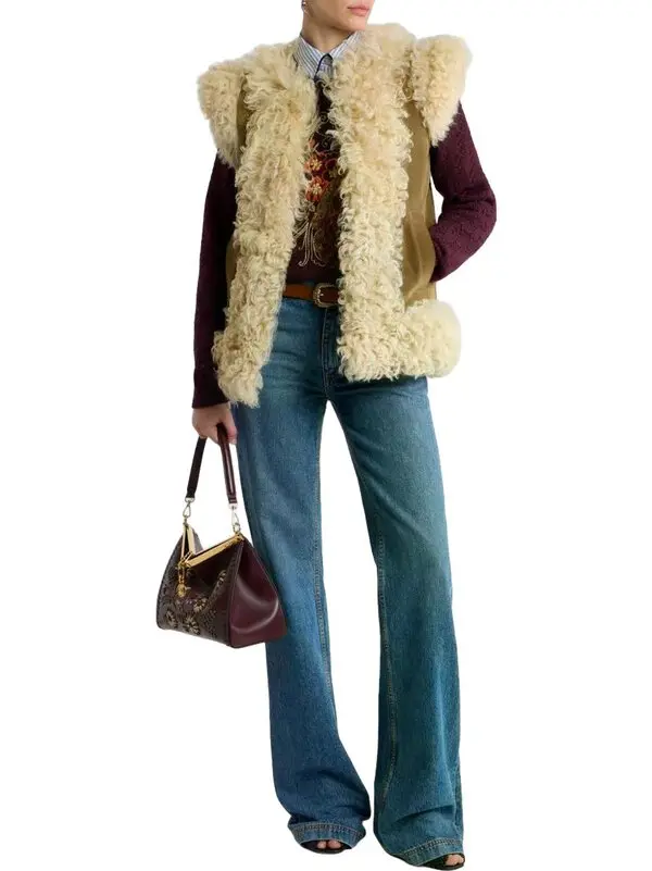 Etro Shearling Waistcoat With Peacock Embroidery - Brown