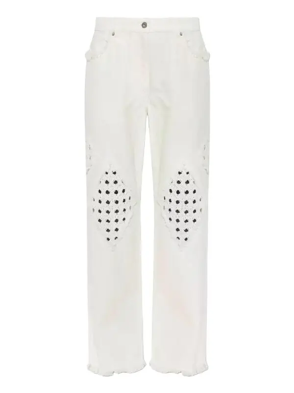FERRAGAMO Crochet Insert Frayed Straight Leg Jeans - White