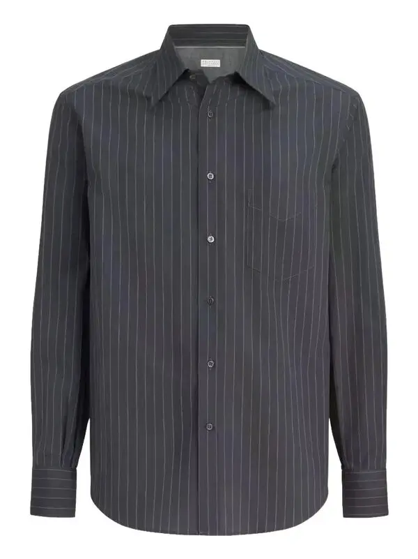 Brunello Cucinelli Double Pinstripe Cotton Overshirt With Italian Collar And Chest Pocket - Grey
