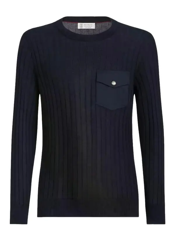 Brunello Cucinelli Cashmere And Silk Ribbed Sweater With Chest Pocket - Blue
