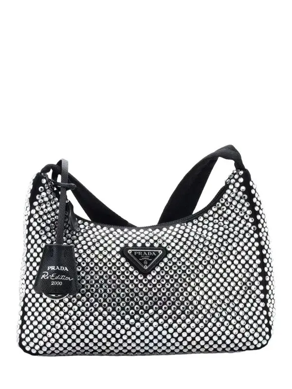 Prada Re-edition 2000 Crystal Embellished Satin Mini Hobo Bag - Black