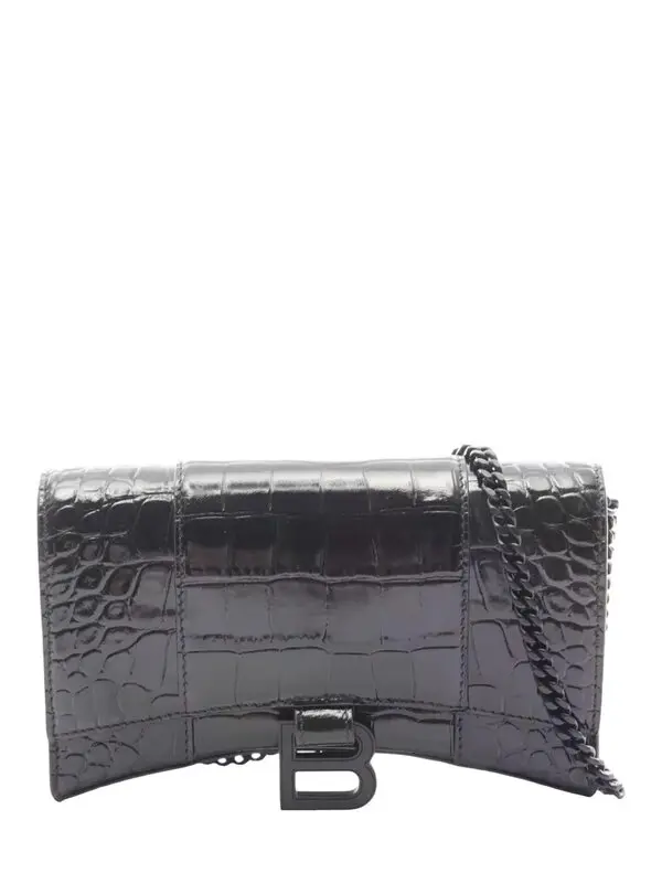 Balenciaga Shiny Calfskin Crocodile Embossed Wallet On Chain Crossbody Bag - Black