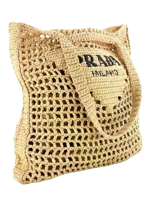 Prada Triangle Logo Open Raffia Tote Bag - Neutrals
