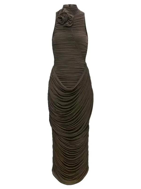 Magda Butrym Ruched Floral Detail Midi Dress - Brown