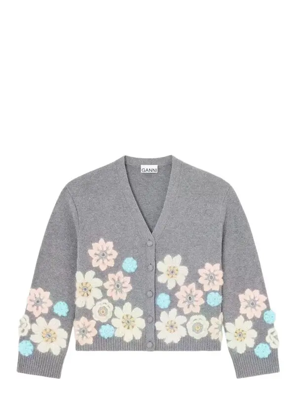 GANNI Floral-applique Knit Cardigan - Grey