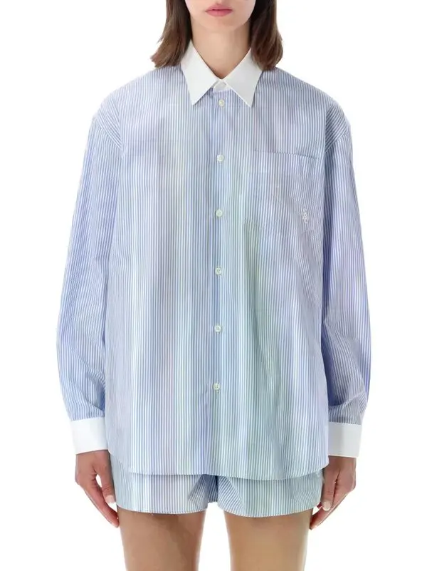SPORTY & RICH Vertical-stripe Embroidered-logo Shirt - Blue