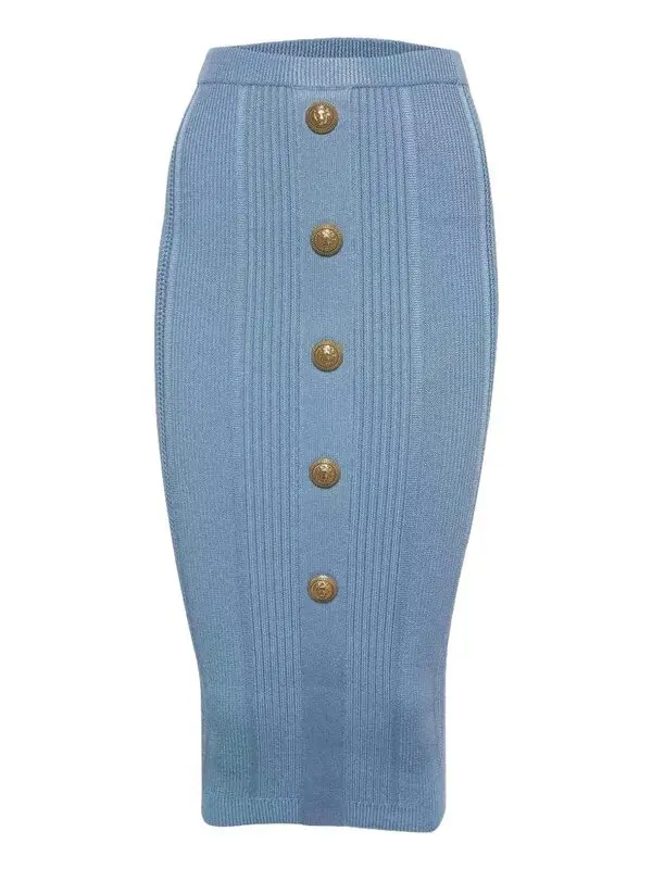 Balmain Rib-knit Button-embellished Fitted Midi Skirt - Blue
