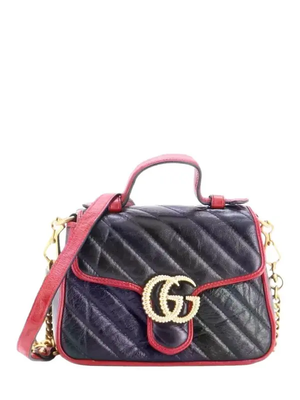 Gucci Gg Marmont Top Handle Flap Bag Diagonal Quilted Leather Mini Satchel - Black