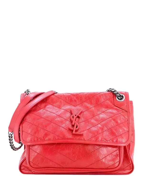 Saint Laurent Niki Chain Flap Bag Matelasse Chevron Leather Medium Shoulder Bag - Red
