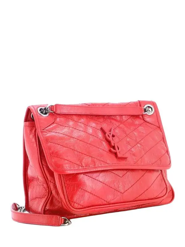 Saint Laurent Niki Chain Flap Bag Matelasse Chevron Leather Medium Shoulder Bag - Red