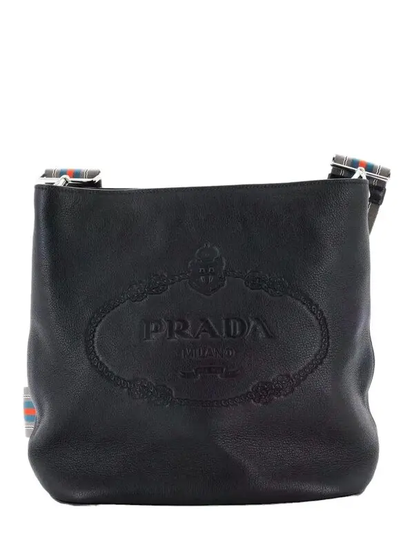 Prada Logo Messenger Bag Vitello Phenix Medium Bucket Bag - Black
