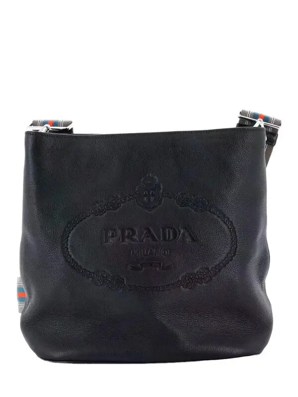 Prada Logo Messenger Bag Vitello Phenix Medium Bucket Bag - Black