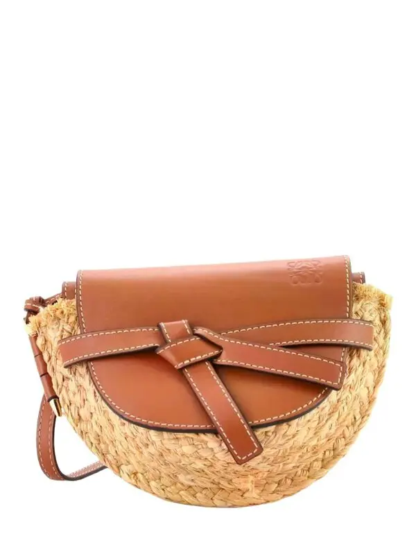 Loewe Gate Leather Shoulder Leather With Raffia Mini Crossbody Bag - Brown