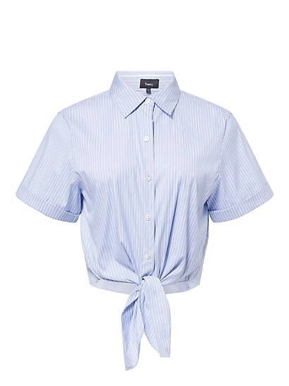 Theory Tie-front Pinstripe Cotton-blend Shirt - Blue Multi