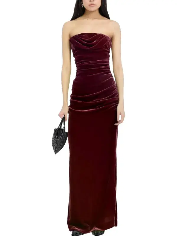 ROTATE BY BIRGER CHRISTENSEN Silk Velvet Ruched Strapless Maxi Dress - Red