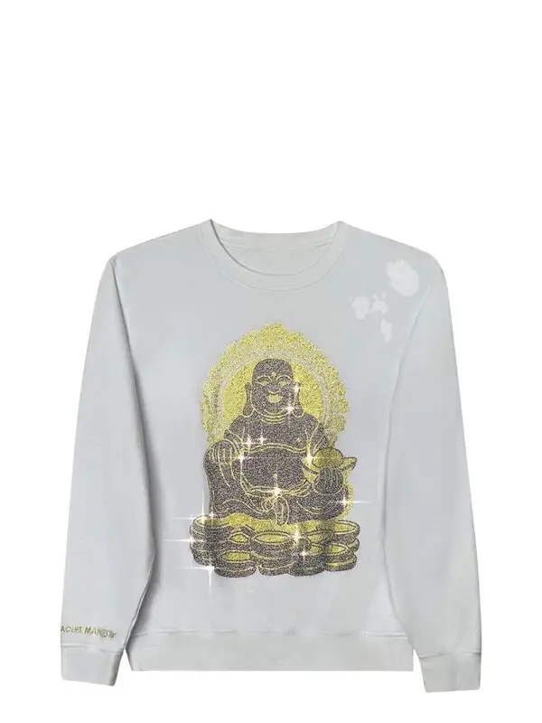 MIRACLES MANIFESTER Happy Buddha Lucky Feng Shui Rhinestoned Sweatshirt - White