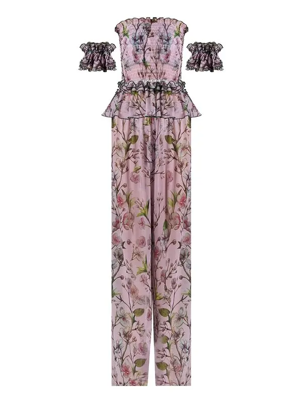 NUR KARAATA Floral Print Off-shoulder Peplum Set With Wide-leg Trousers - Pink