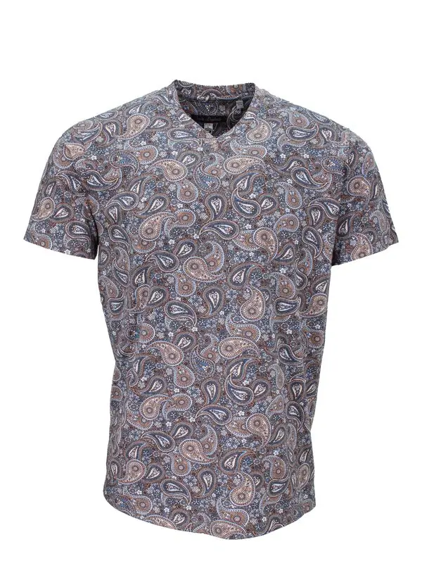 LORDS OF HARLECH Neutrals / Maze Trippy Paisley V-neck Tee - Grey
