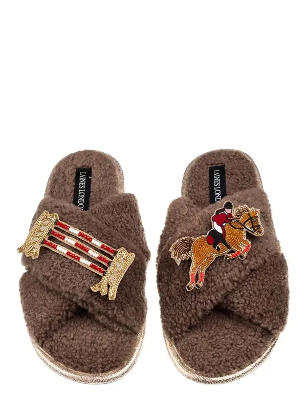 LAINES LONDON Neutrals Laines Neutral Boucle Slippers With Show Jumper Brooches Mink - Brown