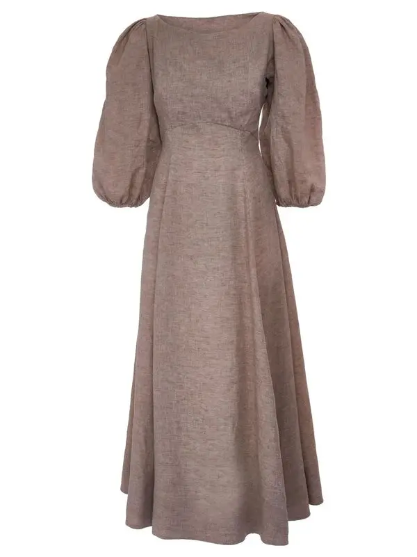 SOFIA TSERETELI Linen Dress With Balloon Sleeves - Brown
