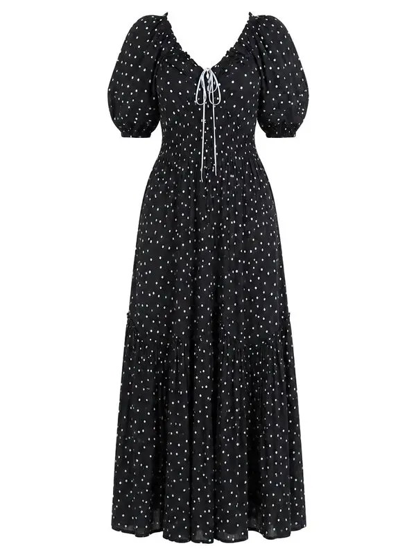 ROSE & NANCY Eloise Blue Spot Print Cotton Crinkle Maxi Dress - Black